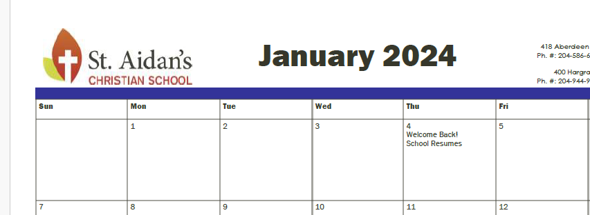 This Month’s Calendar – St. Aidan's Christian School